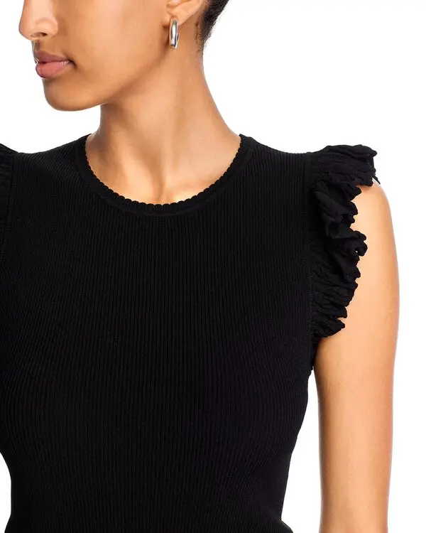 Aqua Rib Knit Flutter Sleeve Top - Black