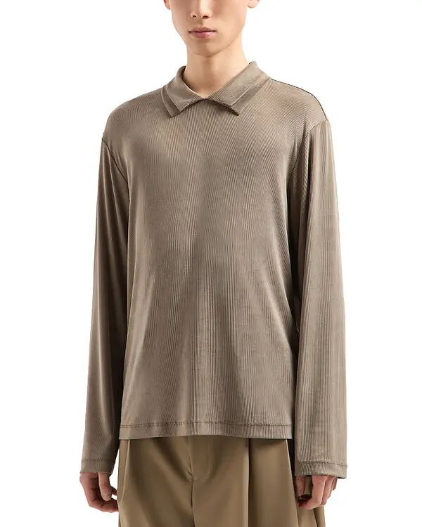 Emporio Armani Textured Stretch Long Sleeved Polo Shirt - Dark Beige