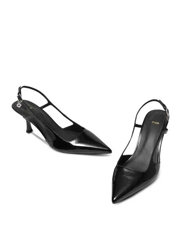 Maje Pointed Toe Patent Leather Slingback Pumps - Black