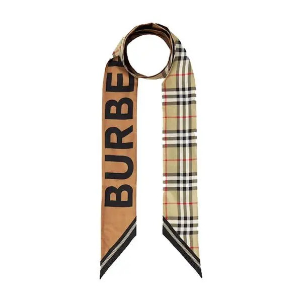 Burberry Vintage Check Logo Print Silk Skinny Scarf - Archive Beige