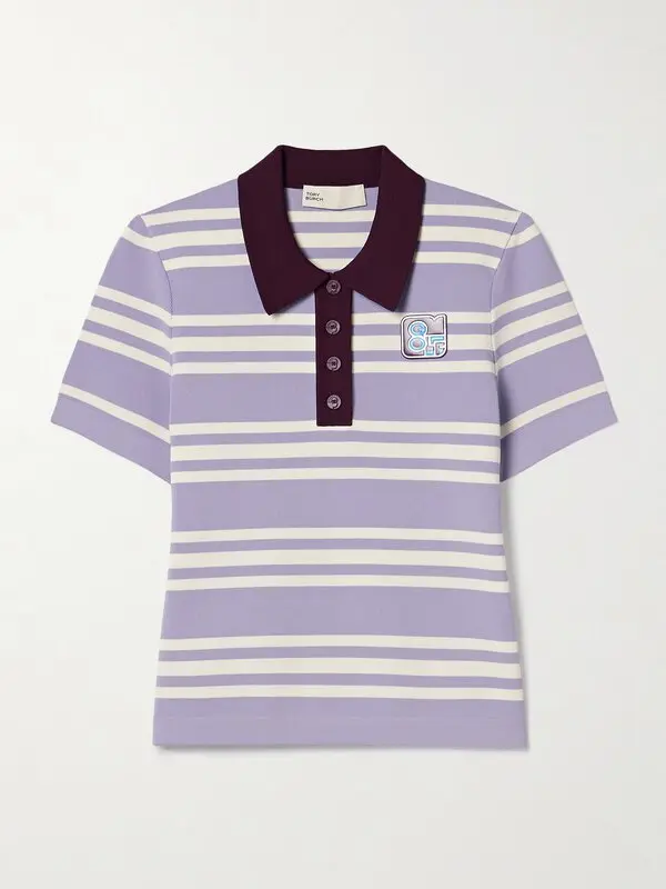 Tory Burch Appliquéd Striped Stretch-jersey Polo Top