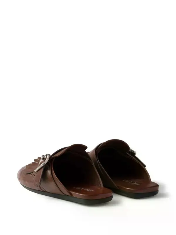Prada Fringed Leather Mules - Brown
