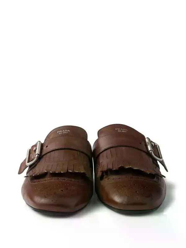 Prada Fringed Leather Mules - Brown