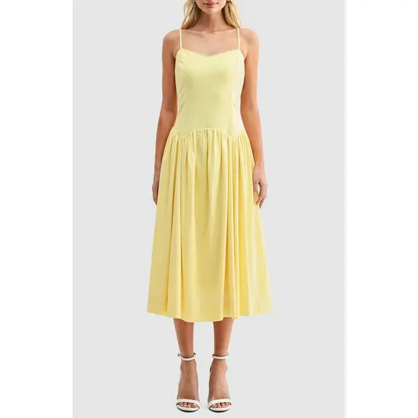 ALL IN FAVOR Drop Waist Cotton & Linen Midi Dress - Butter Yellow