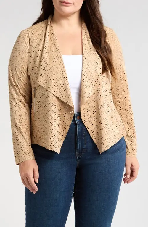 Bagatelle Perforated Floral Faux Suede Draped Jacket - Bleached Sand