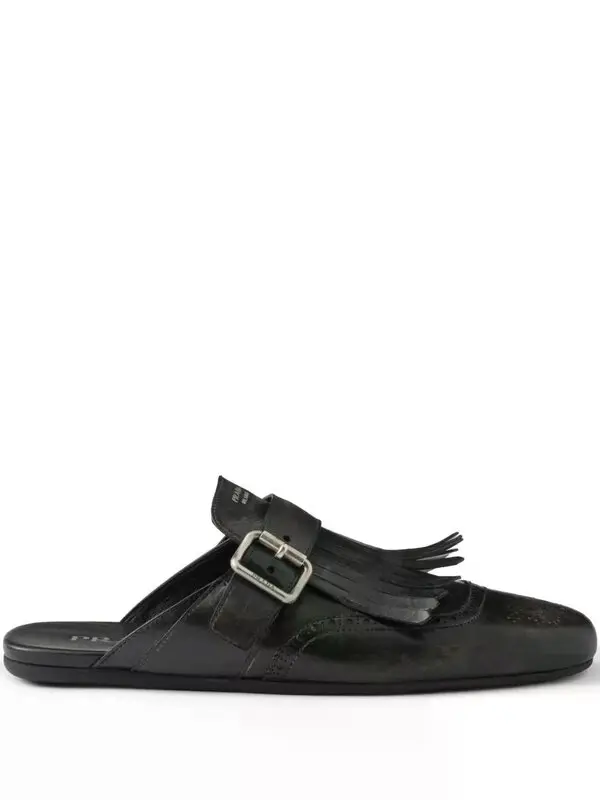 Prada Shuffle Fringed Leather Mules - Black