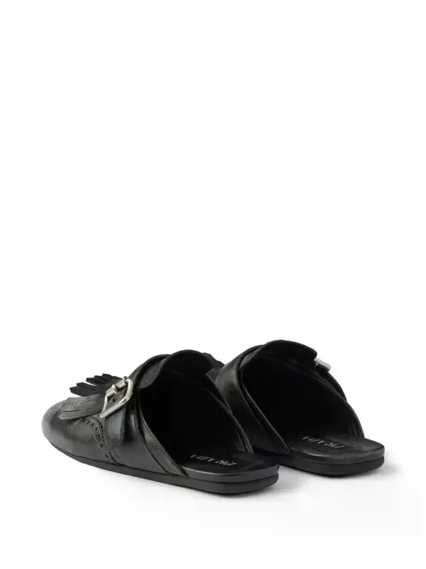 Prada Shuffle Fringed Leather Mules - Black
