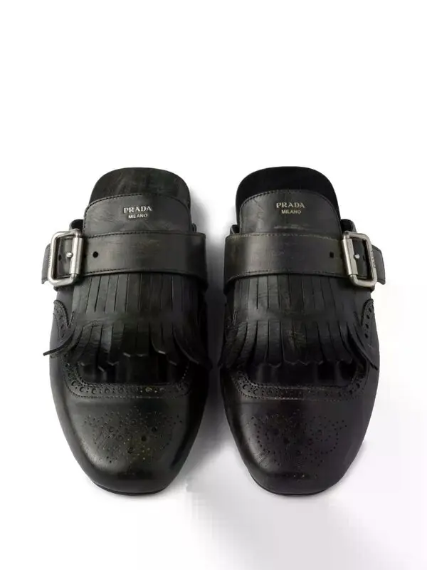 Prada Shuffle Fringed Leather Mules - Black