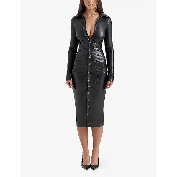 faux leather button down dress faux leather ruffle button down belted dress Black / Small main image 1