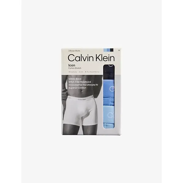 Calvin Klein Icon Logo-waistband Pack Of Three Stretch-cotton Boxer Briefs - Black/glacier/blue Bell