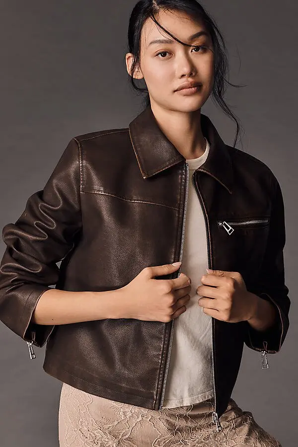 PILCRO Washed Faux Leather Cropped Moto Jacket