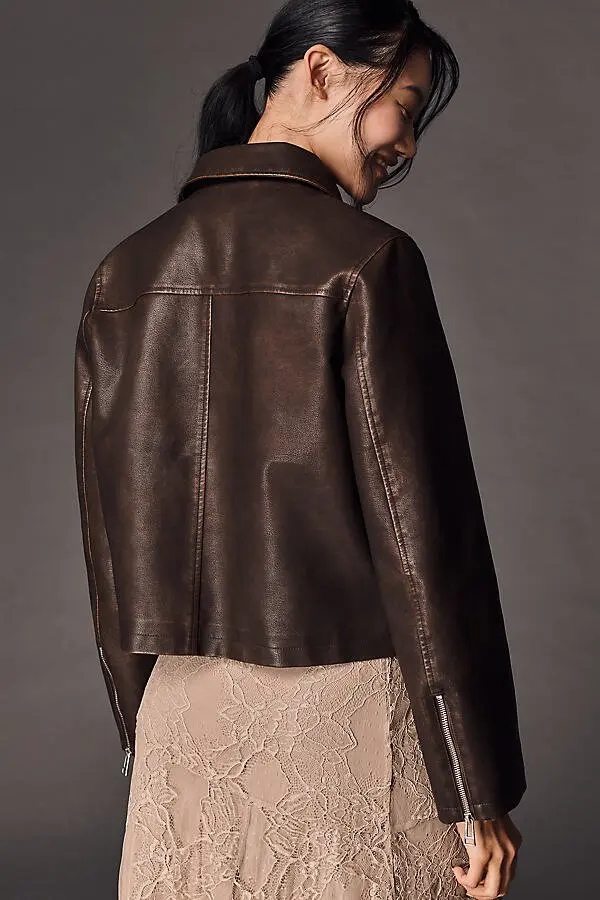 PILCRO Washed Faux Leather Cropped Moto Jacket