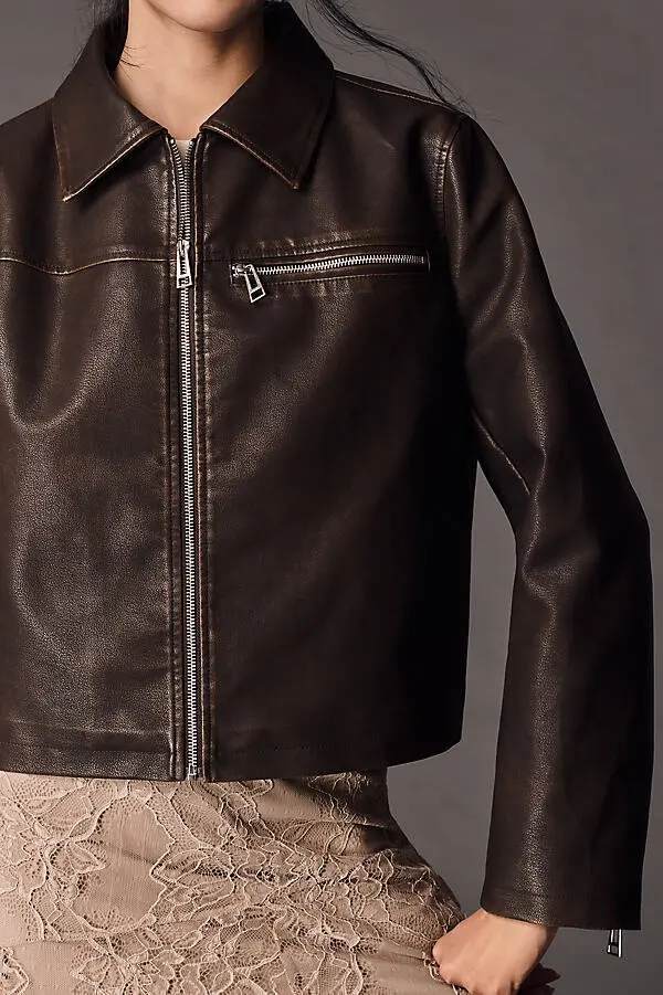 PILCRO Washed Faux Leather Cropped Moto Jacket
