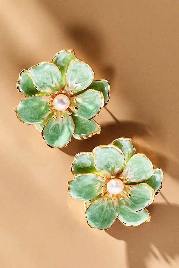 THE PINK REEF Handpainted Flower Earrings - Sage