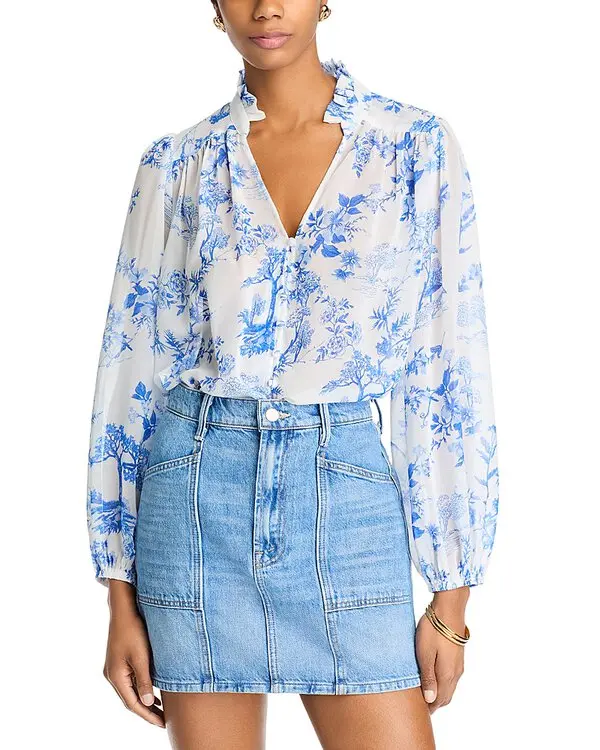 Aqua Toile Ruffle Blouse