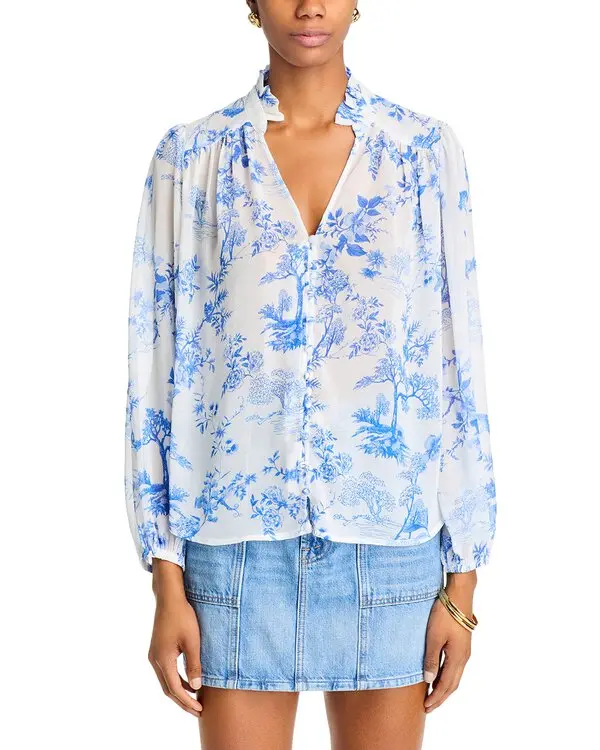 Aqua Toile Ruffle Blouse