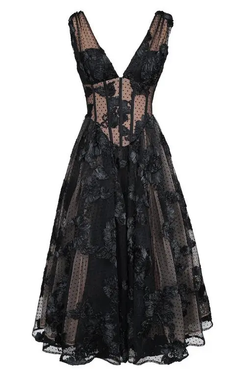 House Of Cb Sianna Lace Corset Cocktail Midi Dress In Black | Editorialist