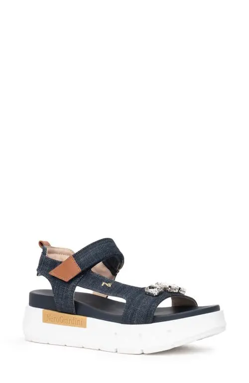 NEROGIARDINI Platform Sandals - Blue Jeans / Cognac