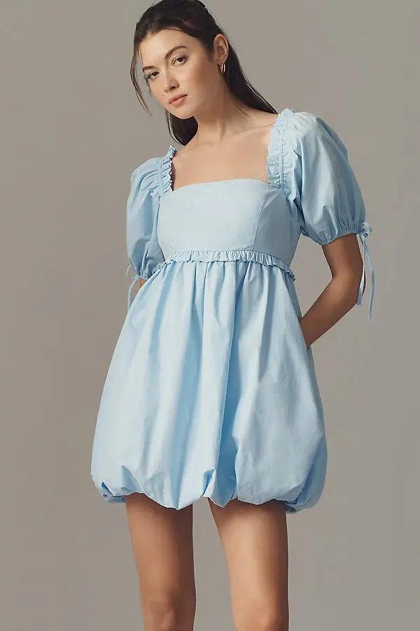English Factory Puff-sleeve Square-neck Mini Dress - Blue