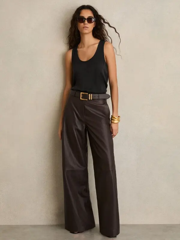 REISS Mercey Petite Leather Wide-leg Trousers