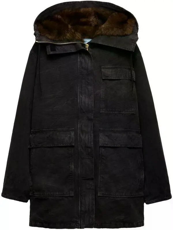 Prada Canvas Coat With Shearling Lined Hood