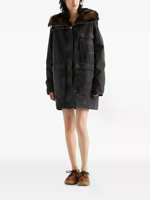 Prada Canvas Coat With Shearling Lined Hood