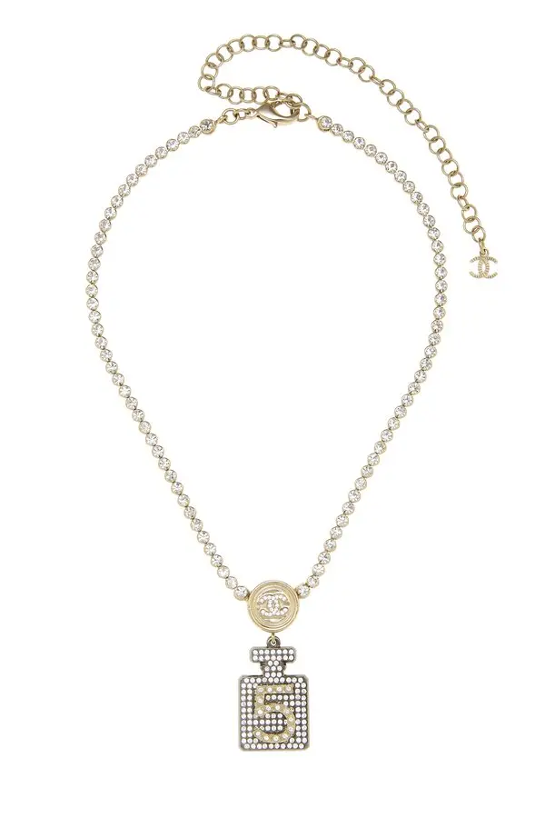 Chanel Crystal Perfume Bottle Charm Necklace - Gold