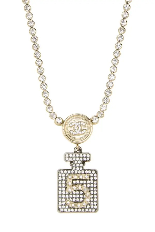 Chanel Crystal Perfume Bottle Charm Necklace - Gold