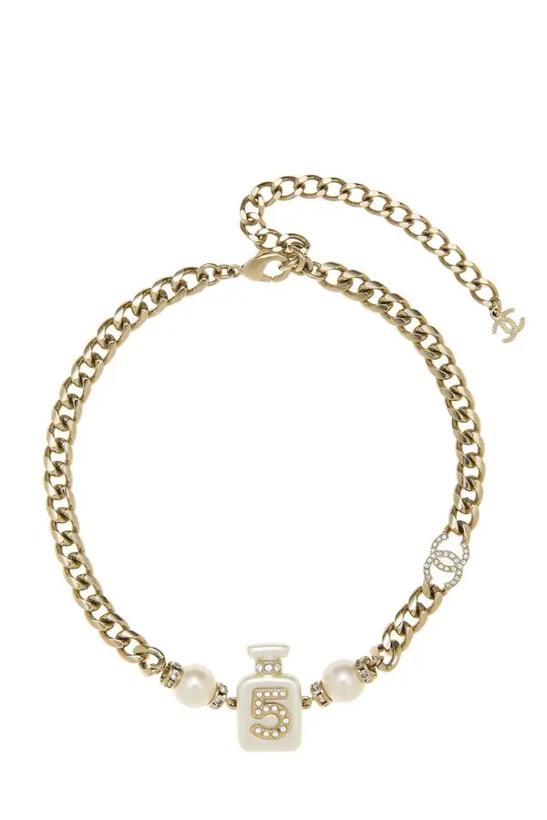 Chanel Tone Perfume Bottle Charm Necklace - Gold