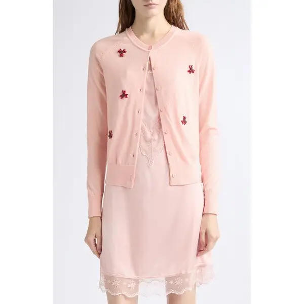 Simone Rocha Crystal Carnation Merino Wool & Silk Cardigan - Blush/red
