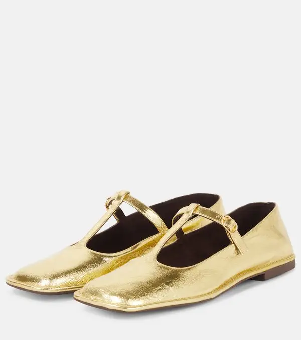 THE ROW Square T-strap Leather Mary Jane Flats - Gold