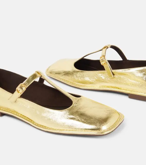 THE ROW Square T-strap Leather Mary Jane Flats - Gold