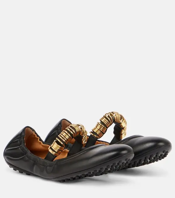 TOD'S Embellished Leather Mary Jane Flats - Black