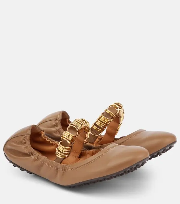 TOD'S Embellished Leather Mary Jane Flats - Brown
