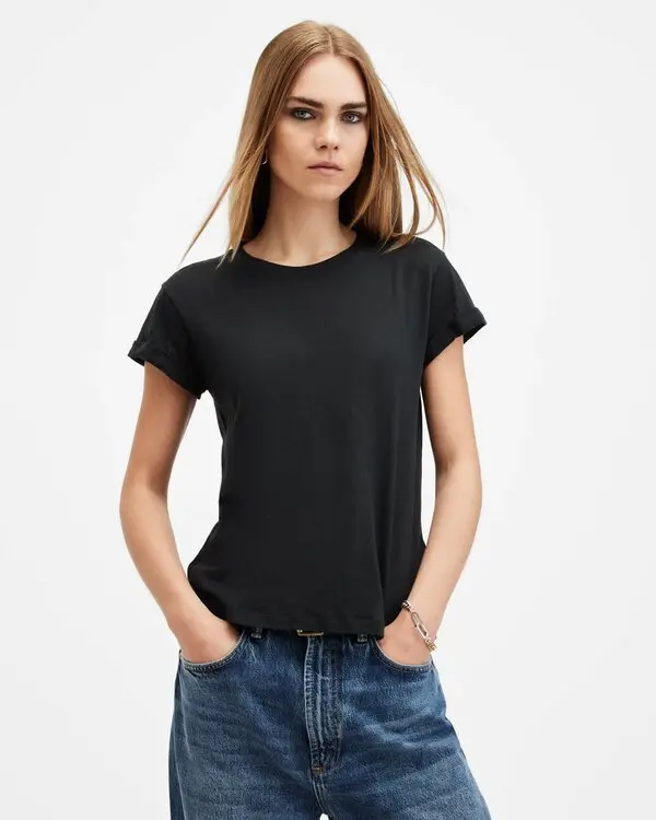 ALLSAINTS Anna Crew Neck Organic Cotton T-shirt With Cuffed Sleeves - Black