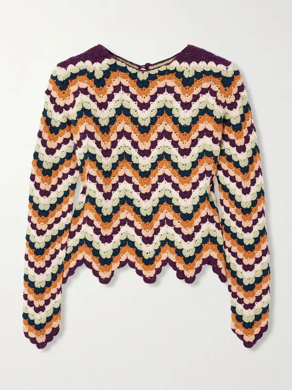 Escvdo Safi Pesca Scalloped Striped Crocheted Organic Cotton Top