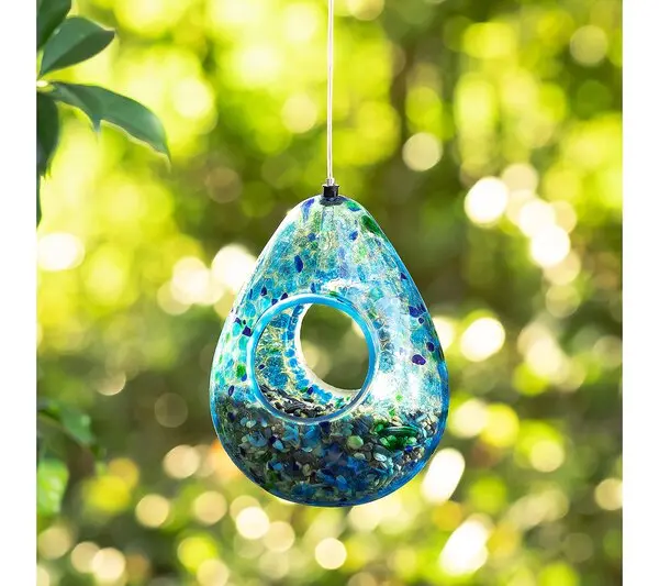 GLITZHOME 7 Artisan Glass Water Drop Hanging Irdfeeder - One-color