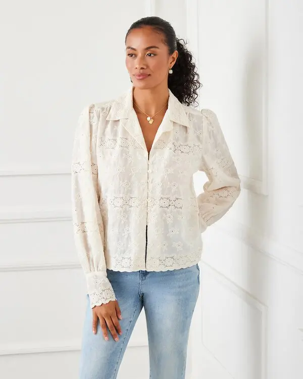Karen Kane Embroidered Scalloped Blouse
