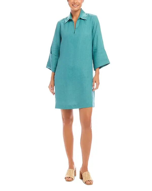 Karen Kane Linen Cuffed Sleeve Dress - Aqua