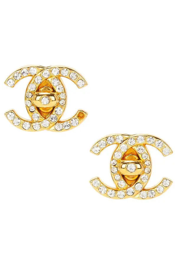 Chanel 1996 Cc Rhinestone Turnlock Clip-on Earrings - Gold