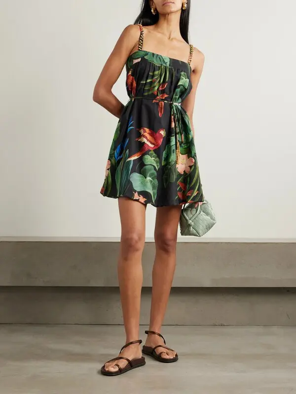 Farm Rio Midnight Macaw Fiesta Bead-Embellished Linen-Blend Mini Dress In  Green - 50% Off | Editorialist