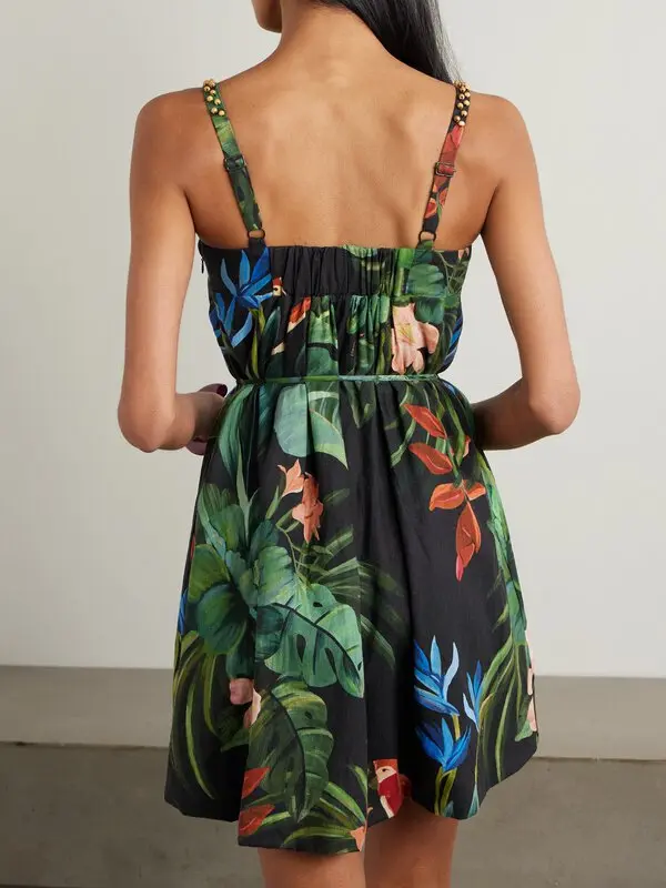 Farm Rio Midnight Macaw Fiesta Bead-Embellished Linen-Blend Mini Dress In  Green - 50% Off | Editorialist