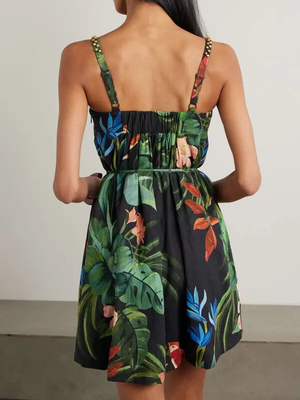 Farm Rio Midnight Macaw Fiesta Bead-Embellished Linen-Blend Mini Dress In  Green - 50% Off | Editorialist
