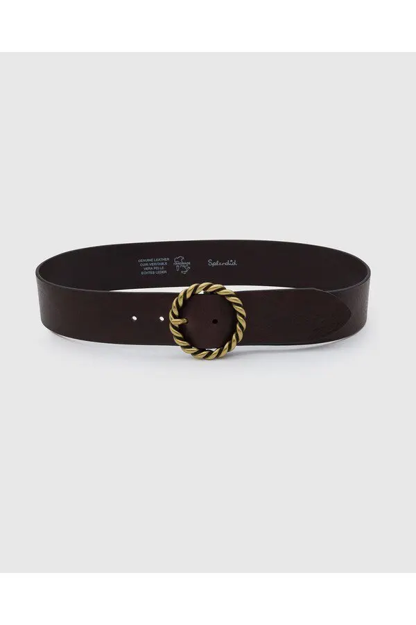 Splendid Wide Leather Belt With Brass Twist Buckle - Chocolate