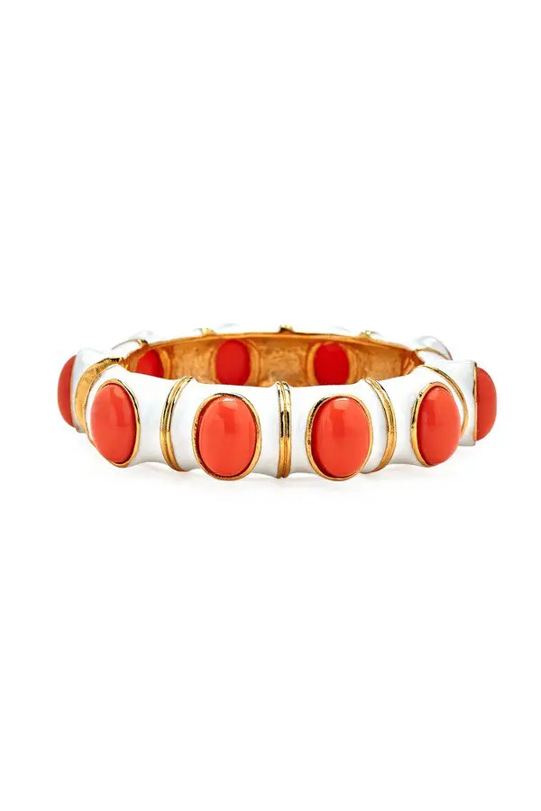 KENNETH JAY LANE White Enamel And Cabochons Hinged Bracelet - Coral