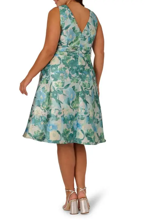 adrianna papell floral jacquard cocktail dress Strapless Draped Floral Jacquard Gown In Cobalt Multi