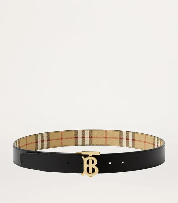 Burberry Leather And Check Reversible Tb Belt - Beige