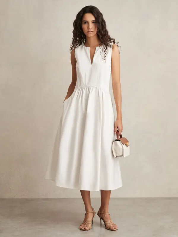 REISS Liza Cotton Corset Midi Dress