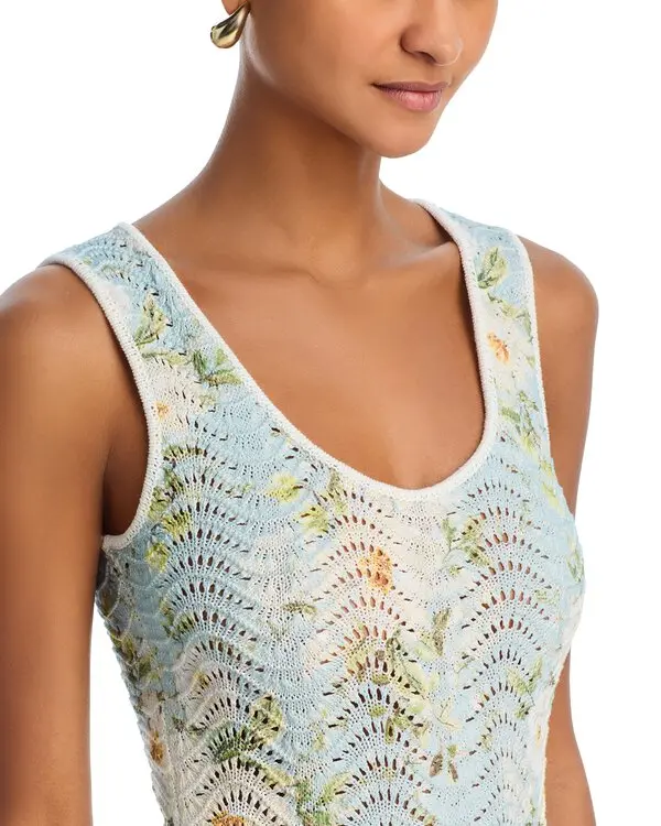 Aqua Floral Sweater Knit Crochet Tank Dress