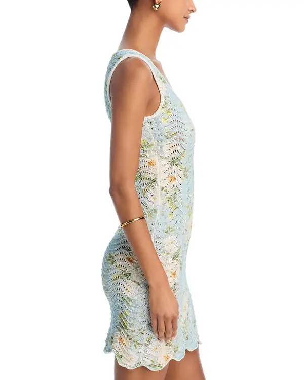 Aqua Floral Sweater Knit Crochet Tank Dress